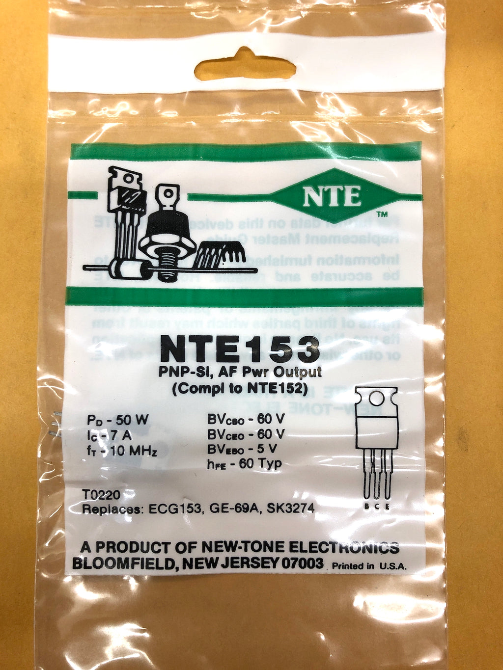 NTE153, PNP Silicon Transistor Audio Amplifier and Driver ~ TO-220 (EC – MarVac Electronics