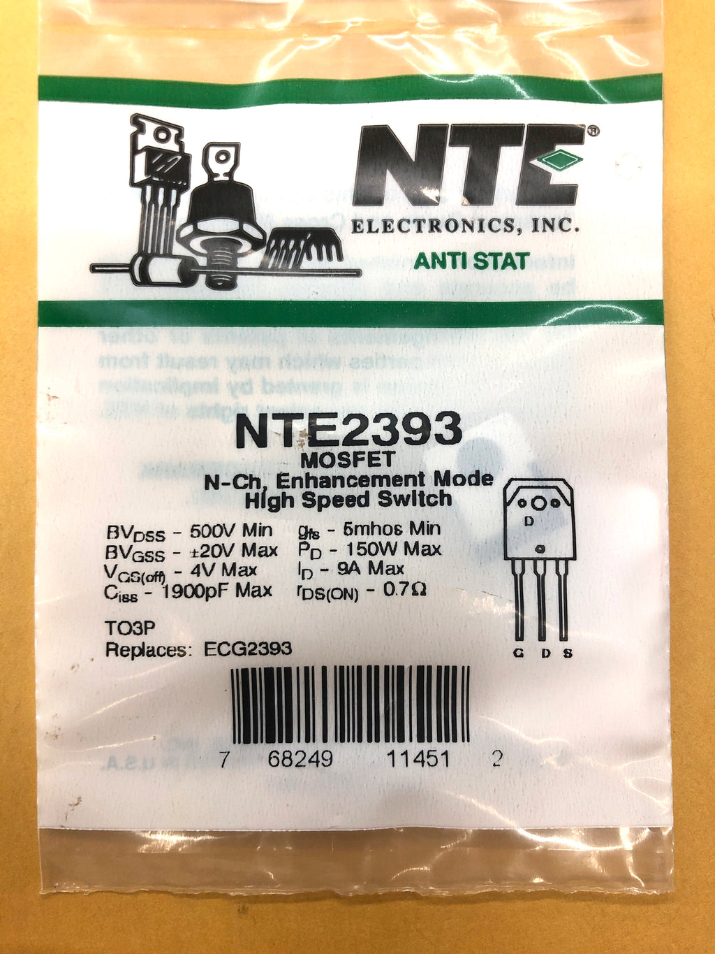 NTE2393, 9A @ 500V MOSFET N Channel Enhancement Mode ~ TO-3P (ECG2393) – MarVac Electronics