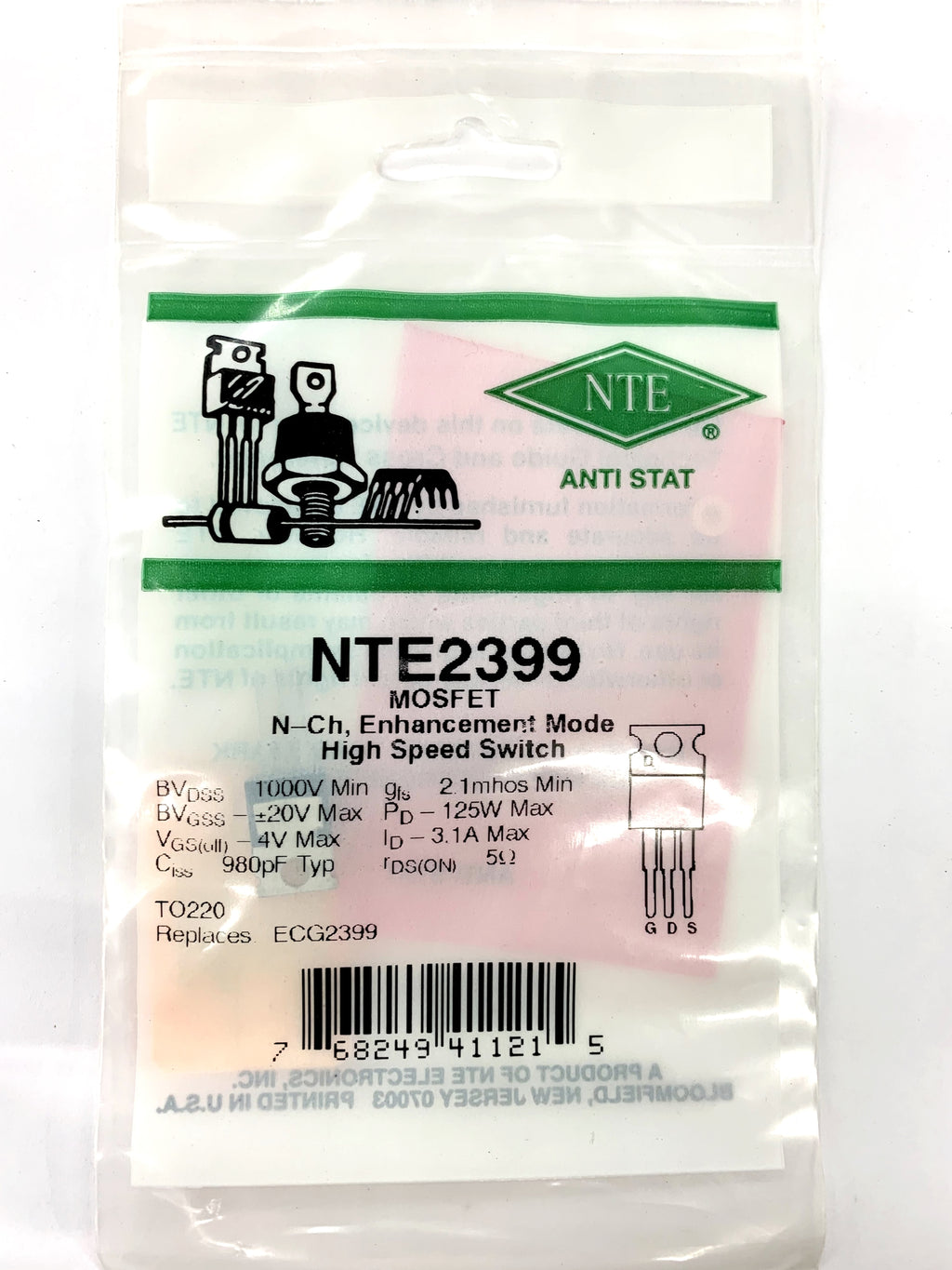 NTE2399, 3.1A @ 1,000V MOSFET N Channel Enhancement Mode ~ TO-220 (ECG – MarVac Electronics