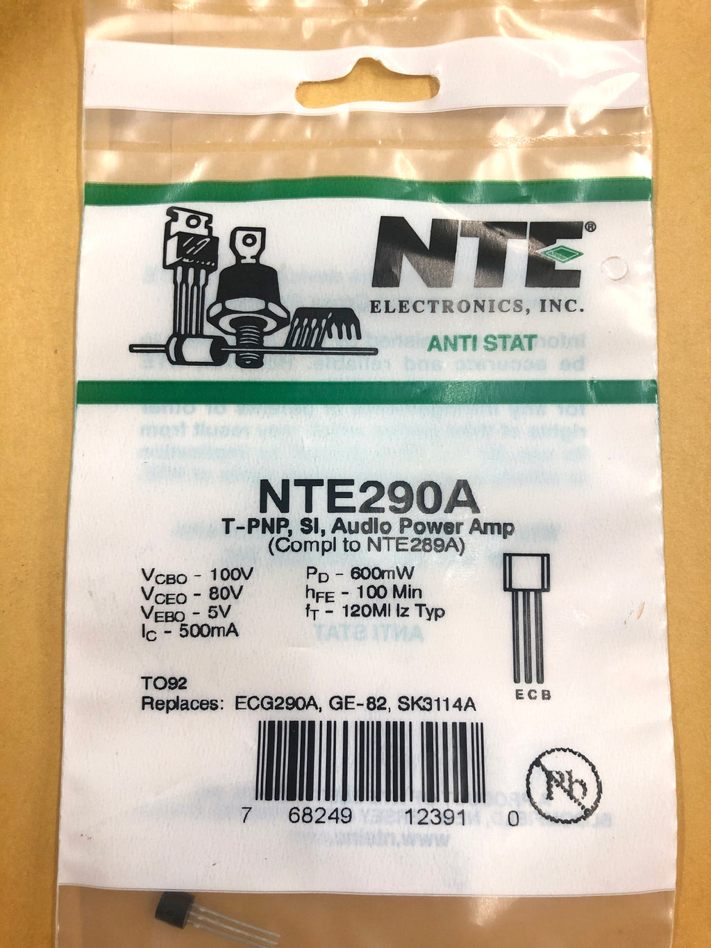 NTE290A PNP Silicon Transistor Audio Power Transistor ~ TO-92 (ECG290A – MarVac Electronics