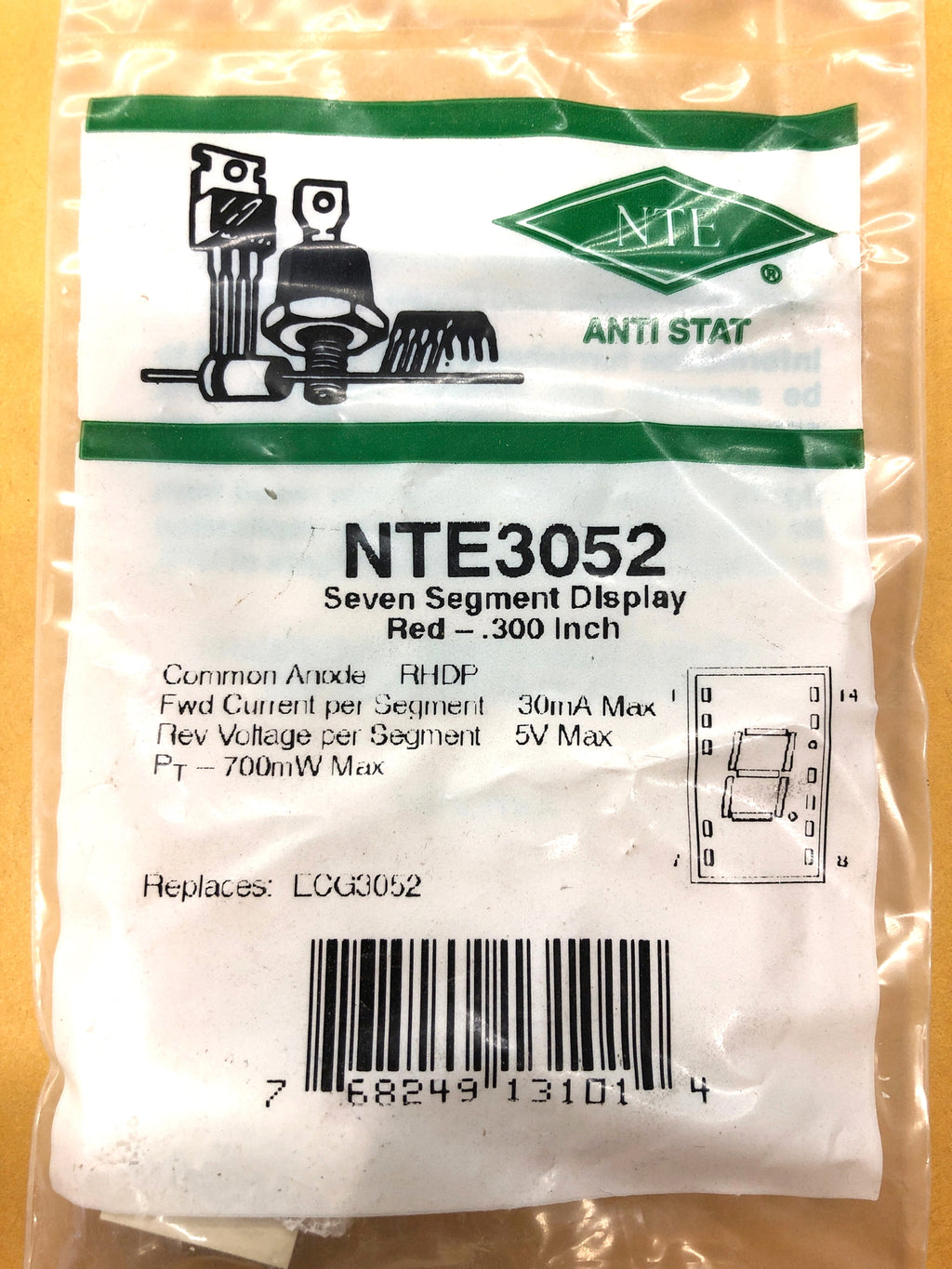 NTE3052, RED Seven Segment Display - Common Anode 0.3" Height Single D – MarVac Electronics