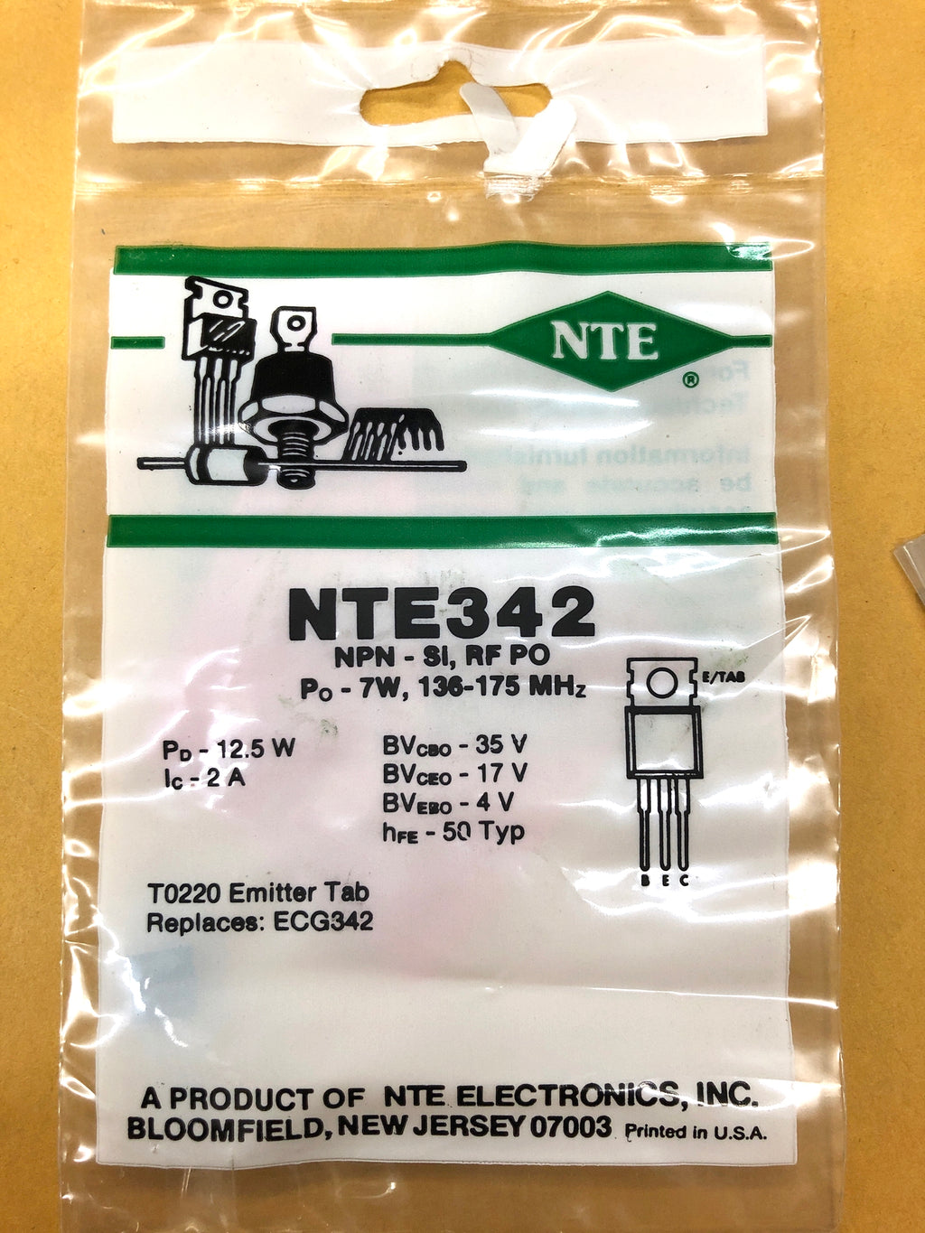 NTE342, NPN Silicon 136-175MHz RF Transistor 35V@2A 7W Max ~ TO-220 (E – MarVac Electronics