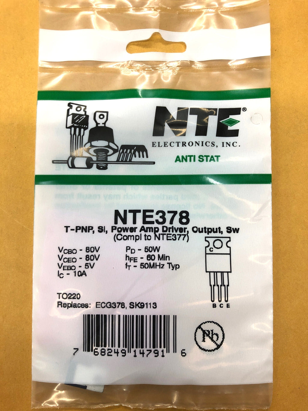 NTE378 PNP Silicon Transistor Audio Power Amp & Switch ~ TO-220 (ECG37 – MarVac Electronics