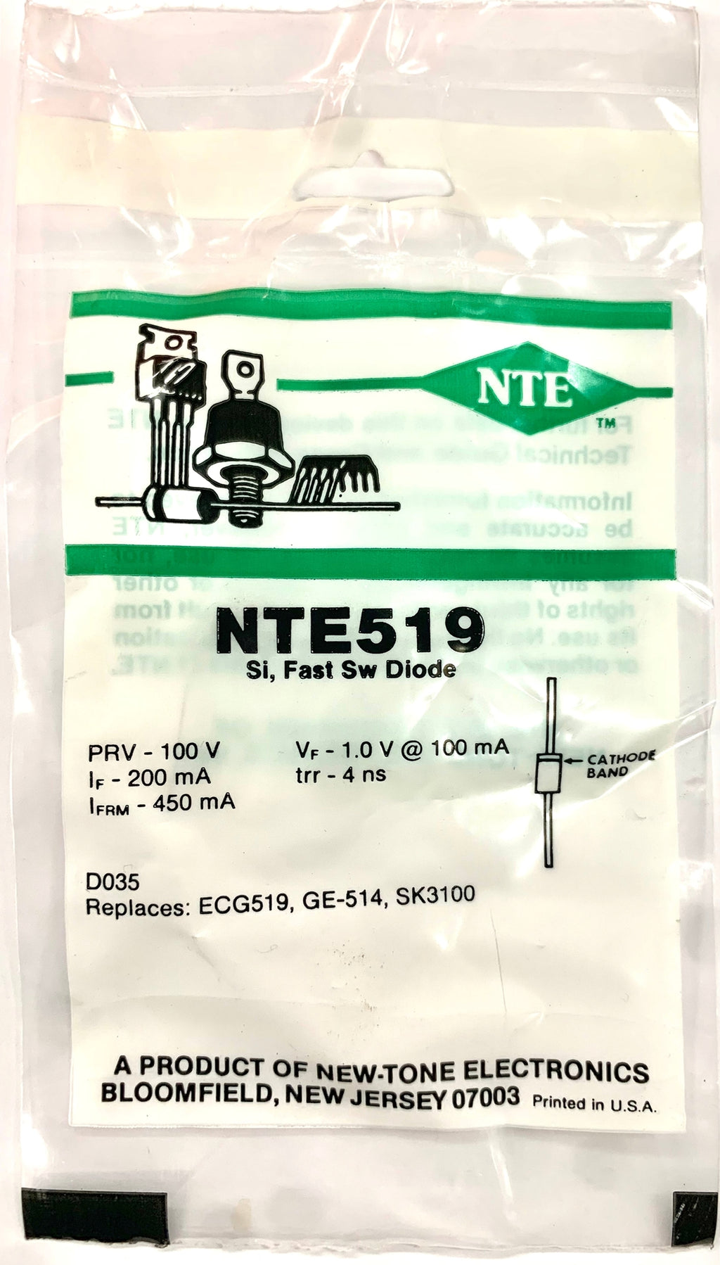 NTE519, 200mA @ 100V Silicone Fast Switching Diode ~ (ECG519, GE-514, – MarVac Electronics