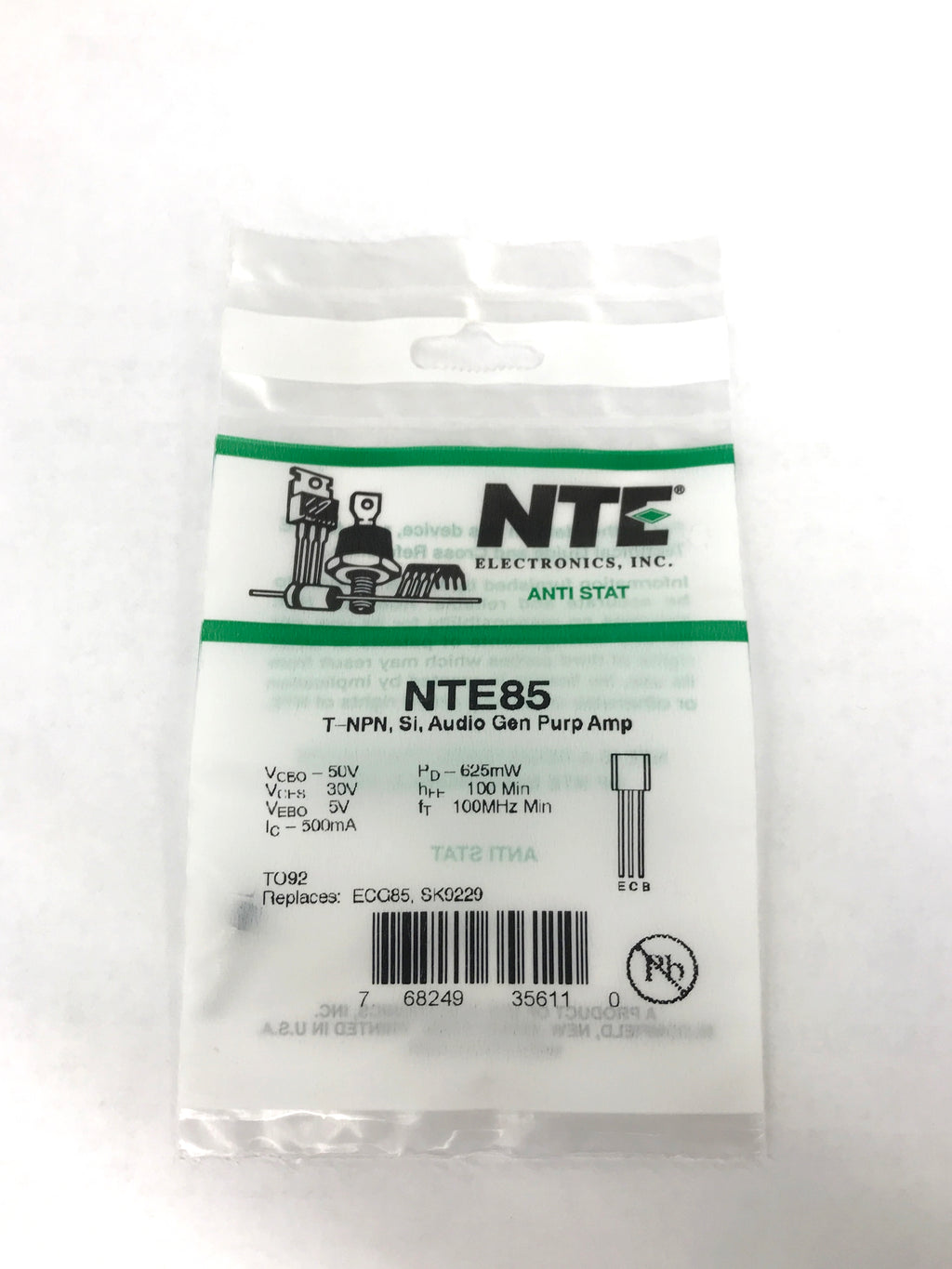 NTE85 500mA @ 50V NPN Silicon General Purpose Transistor ~ TO-92 (ECG8 – MarVac Electronics