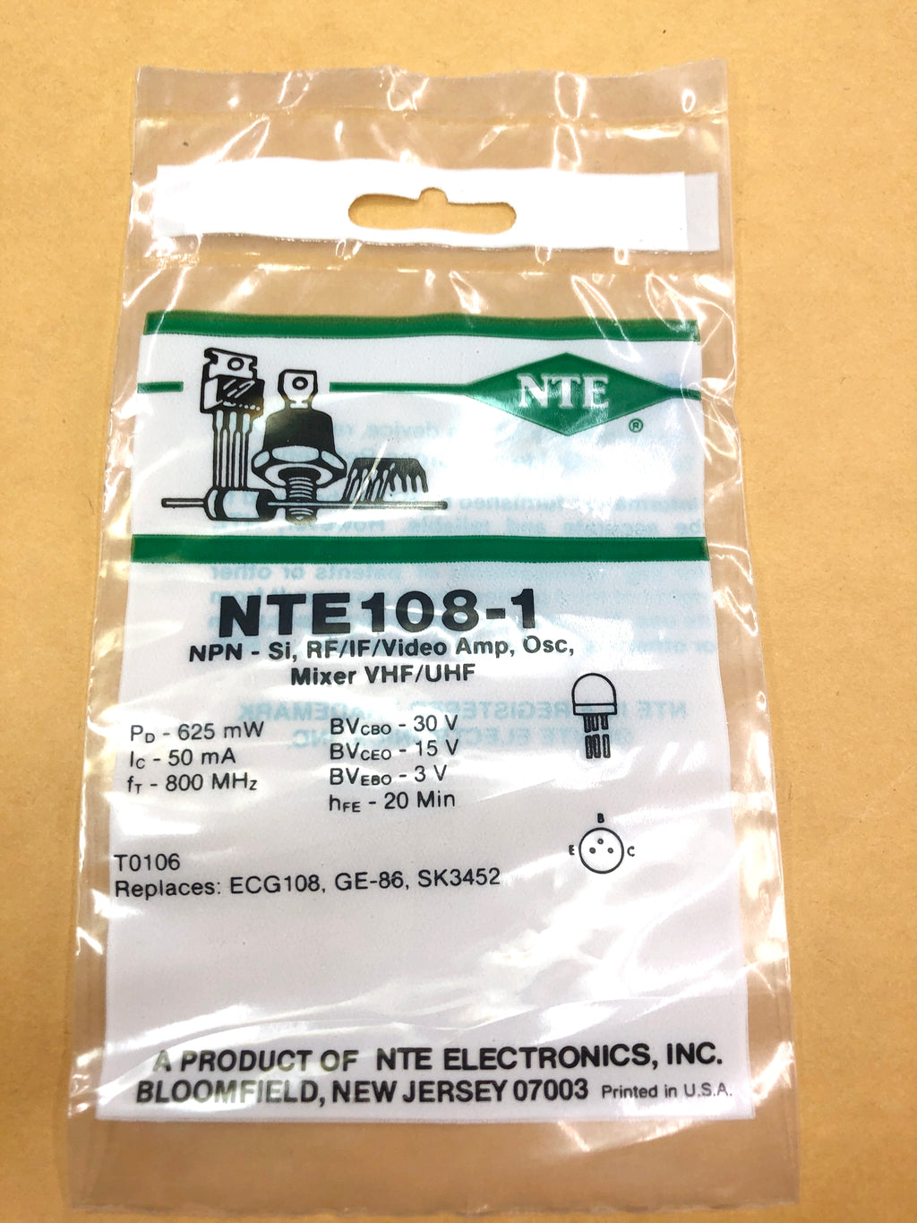 NTE108-1, 50mA @ 30V NPN Silicon RF/IF Amplifier & Oscillator ~ TO-106 – MarVac Electronics