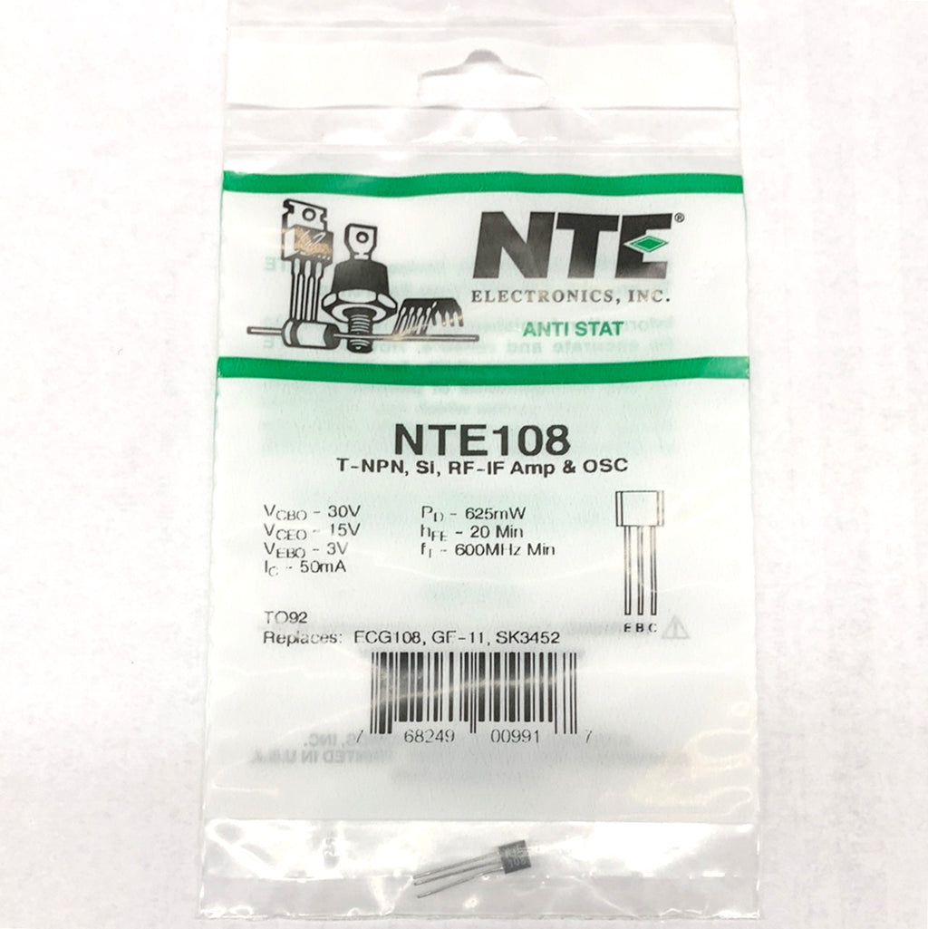 NTE108, 50mA @ 30V NPN Silicon RF/IF Amplifier & Oscillator ~ TO-92 (E – MarVac Electronics