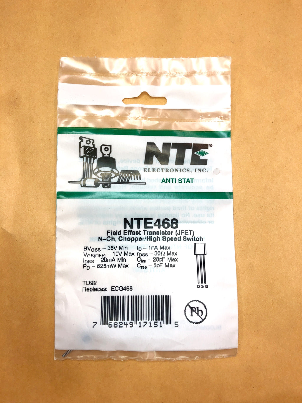 NTE468, 20mA @ 35V N Channel JFET Transistor Chopper/Switch~ TO-92 (EC – MarVac Electronics
