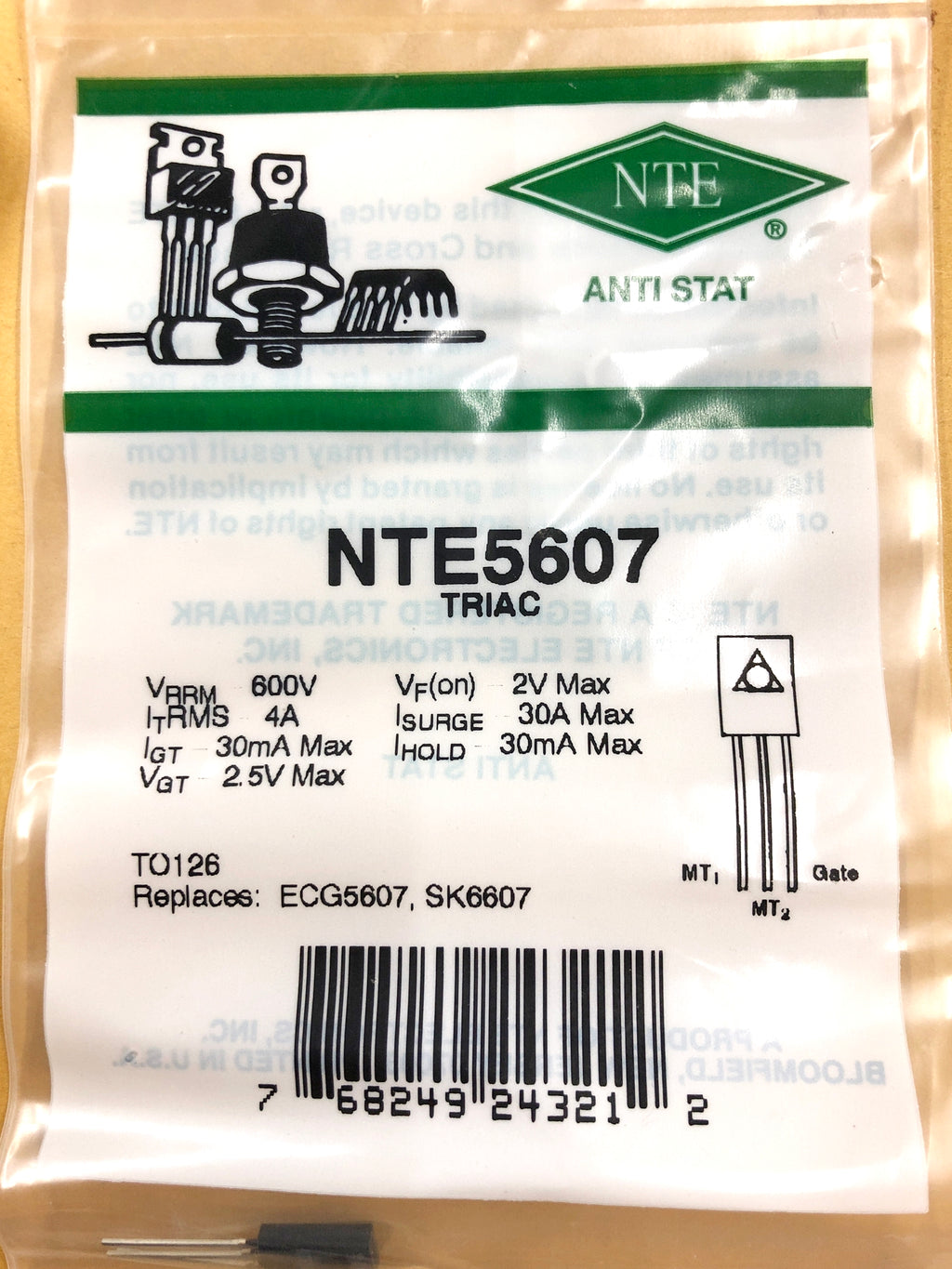 NTE5607, 600V @ 4A Silicon 2 Mode TRIAC ~ TO-126 (ECG5607) – MarVac Electronics