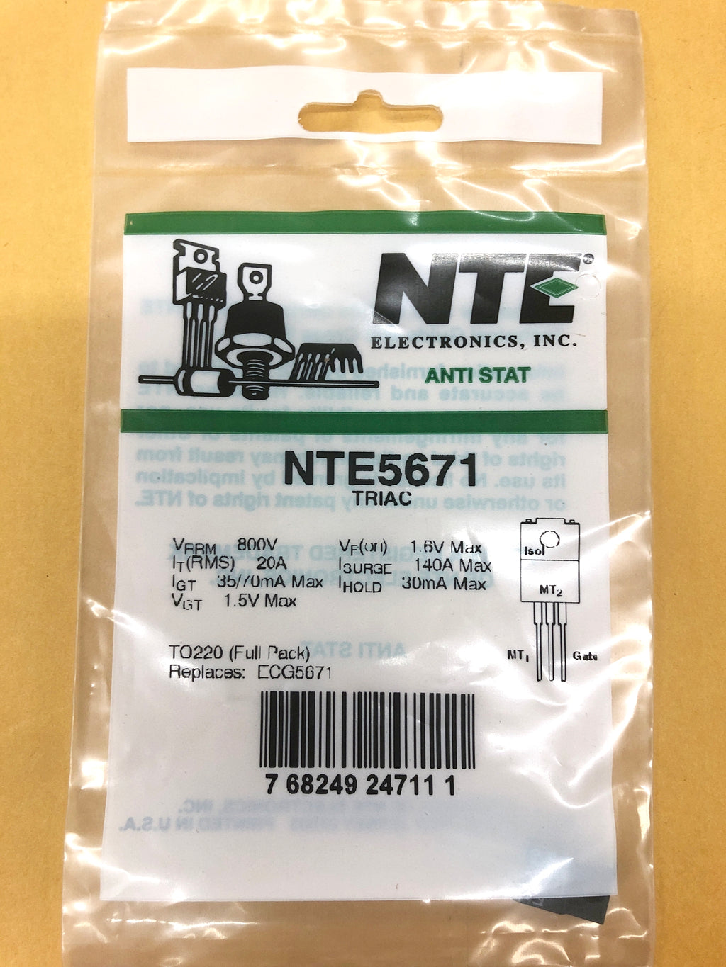 NTE5671, 800V @ 20A Silicon 4 Mode TRIAC ~ TO-220F Full Pack (ECG5671) – MarVac Electronics