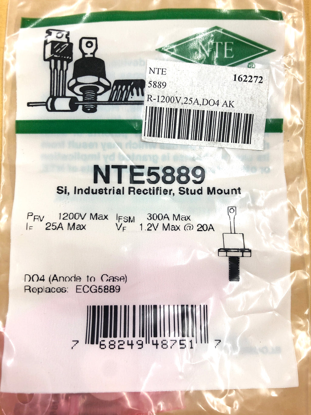 NTE5889, 1,200V PRV @ 25A General Purpose Diode ~ DO-4 ANODE CASE (ECG – MarVac Electronics