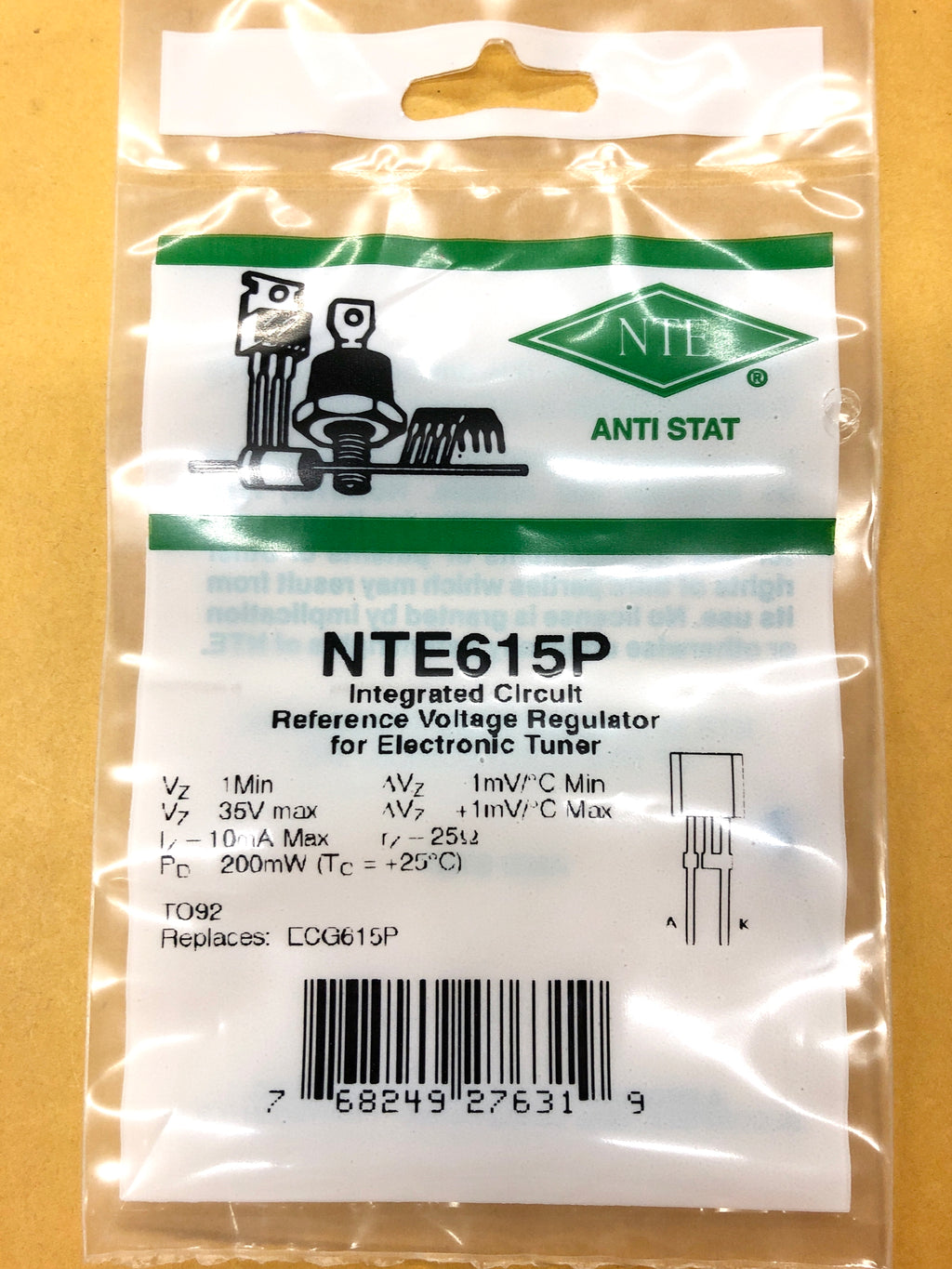 NTE615P, 30V to 35V @ 10mA Temperature Compensated Zener ~ TO-92 2-Pin – MarVac Electronics