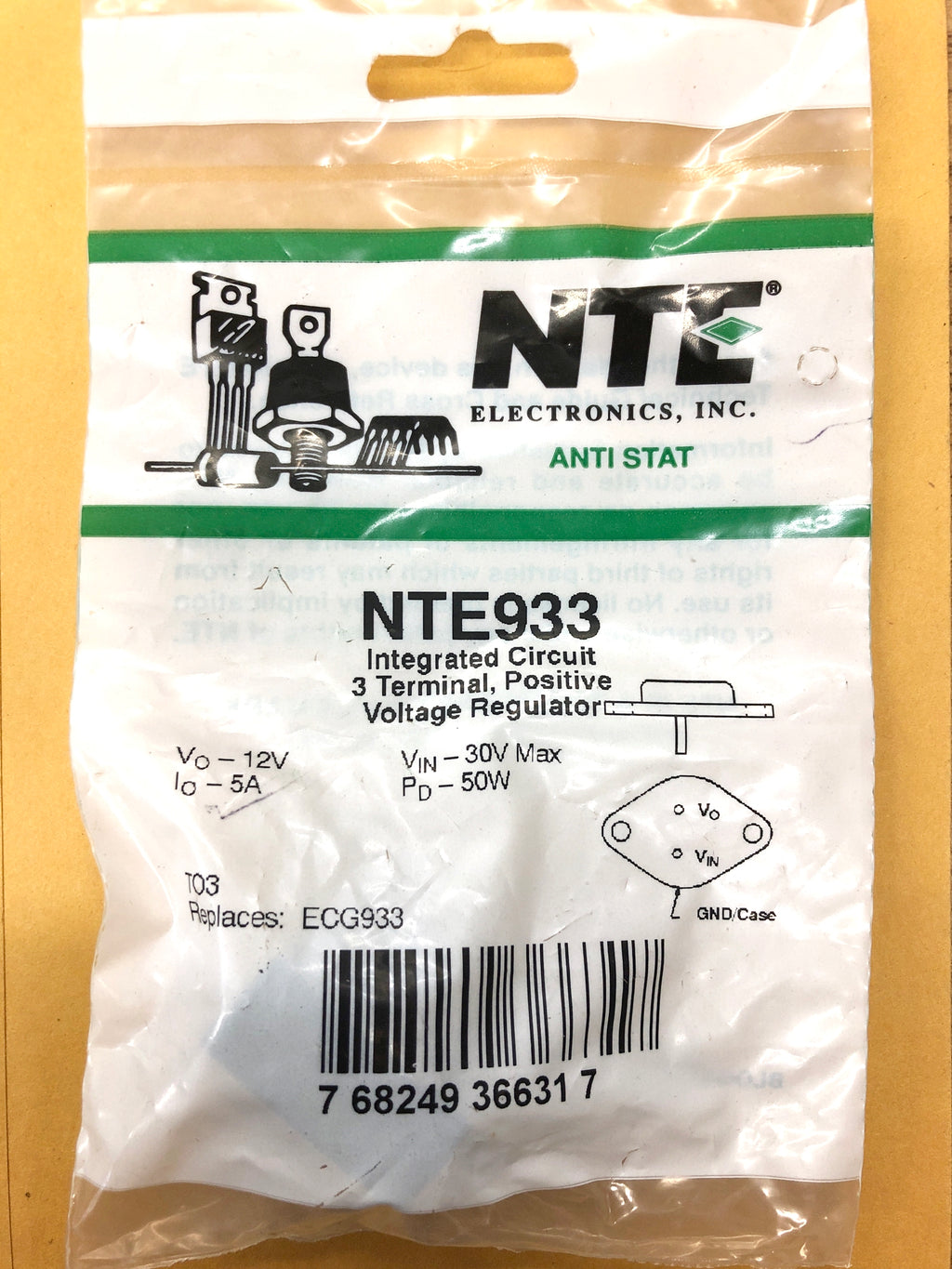 NTE933, +12V @ 5A Positive Voltage Regulator ~ TO-3 (ECG933) – MarVac Electronics