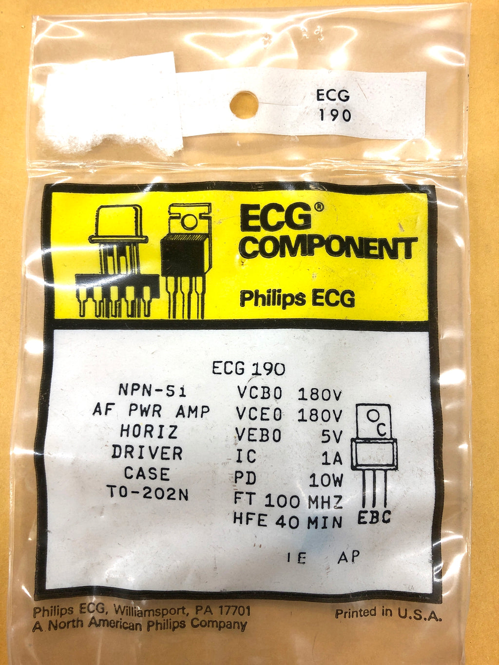 ECG190, 1A@180V NPN Transistor High Amplifier & Horiz. Driver ~ TO-202 ...
