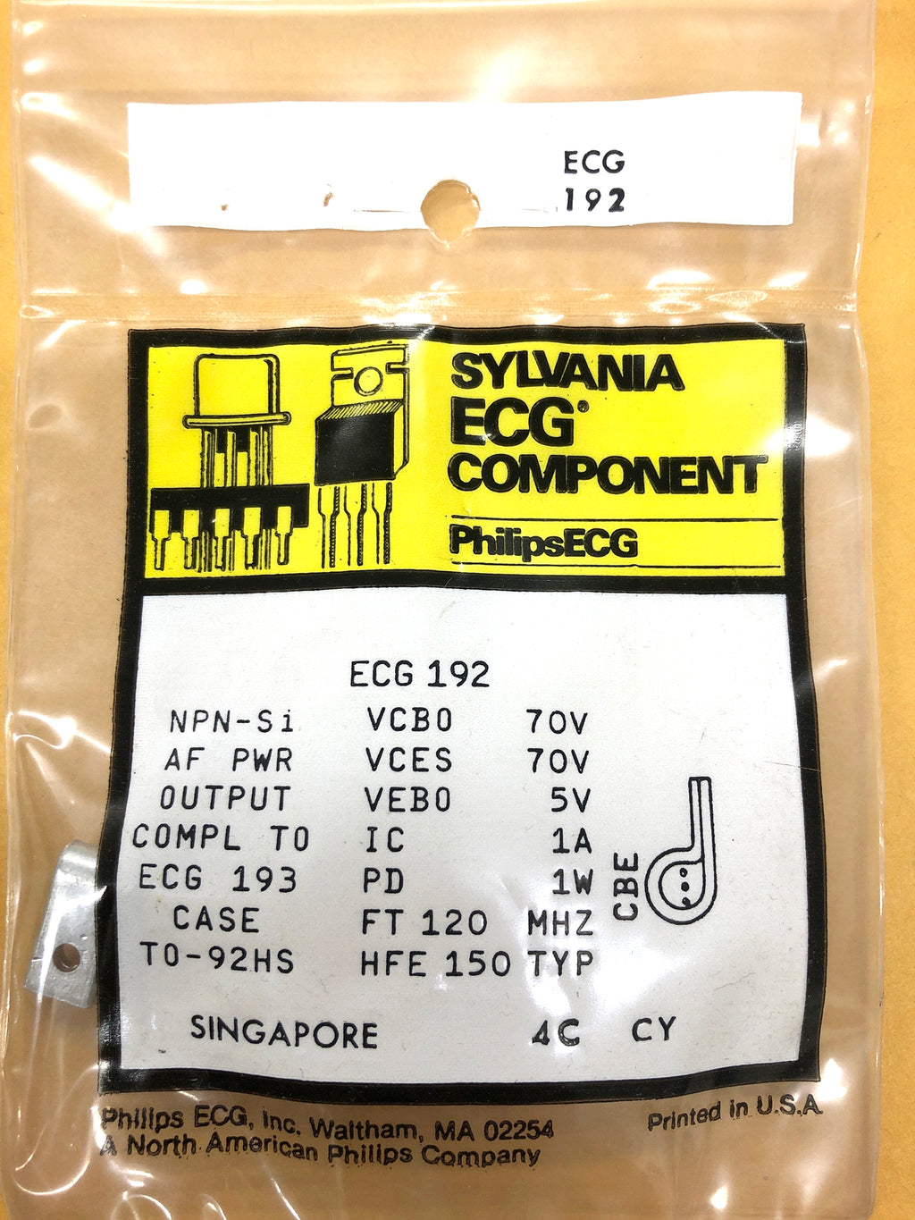 ECG192, 1A @ 70V NPN Silicon Transistor Audio Power Output ~ TO-92HS ...