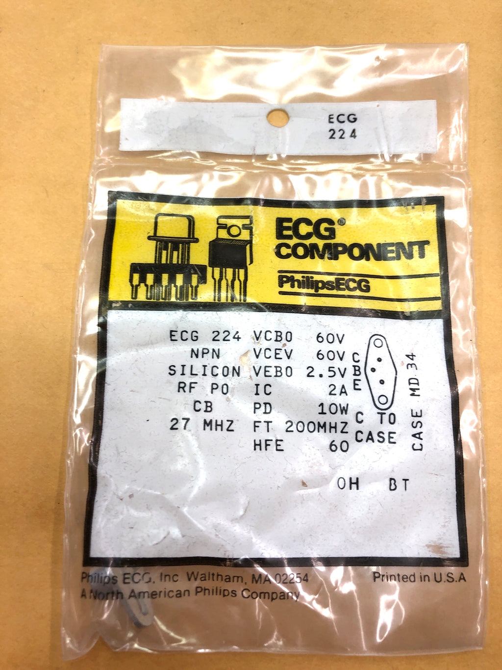 ECG224 NPN Silicon RF Transistor 60V@2A, 4W Min ~ 27MHz MD-34/TO-39F ...