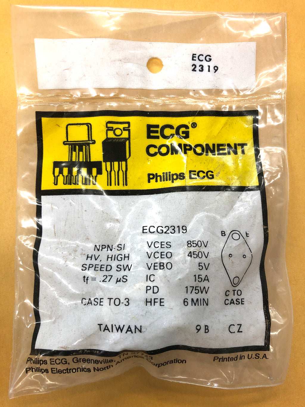 ECG2319, 15A @ 450V NPN Transistor High Voltage/High Speed Switch TO-3 ...
