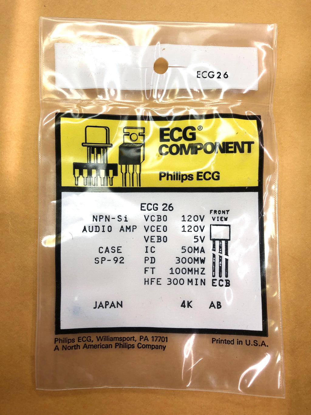 ECG26, 50mA @ 120V NPN Silicon Low Noise Audio Amp Transistor ~ SP-92 ...