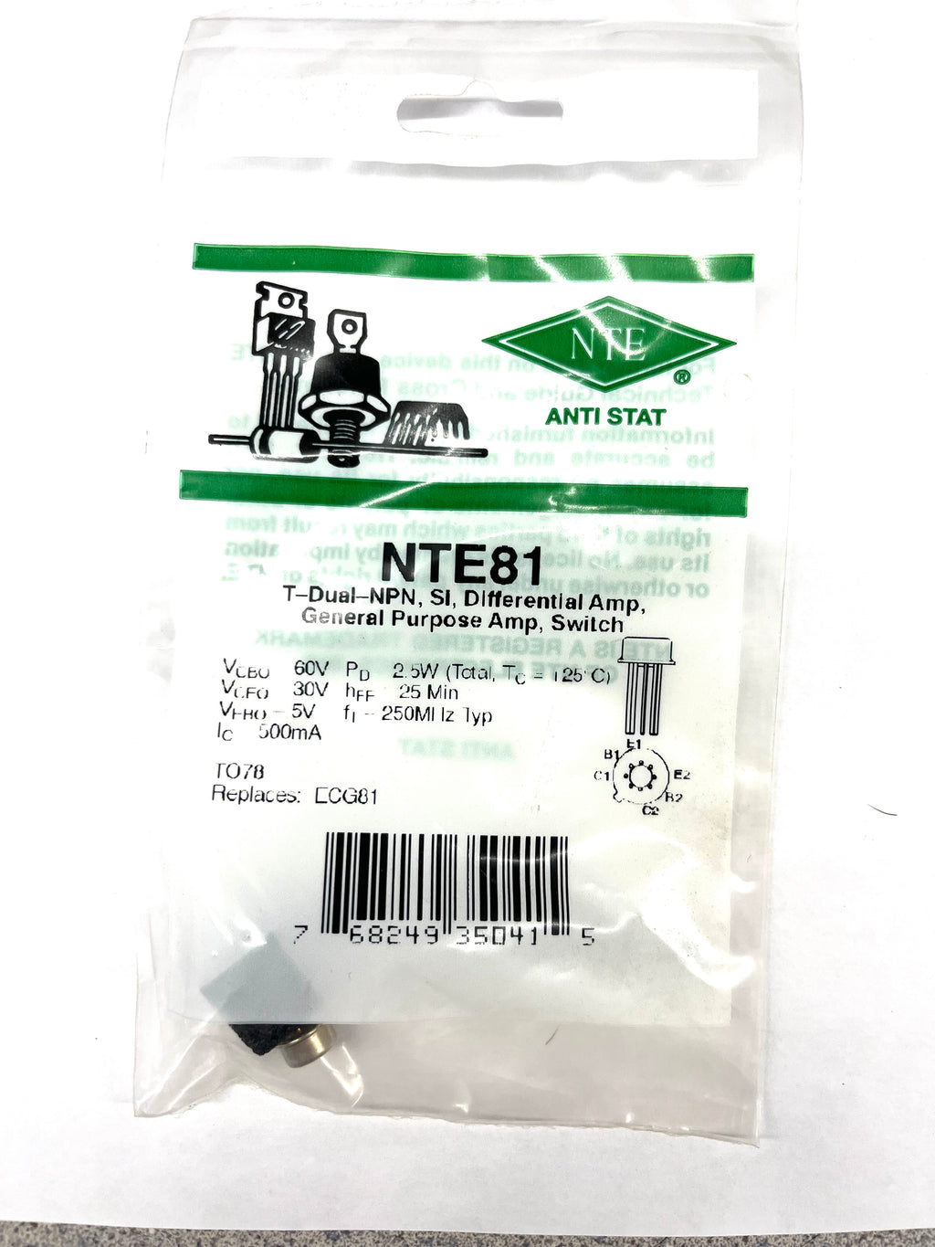 NTE81 Dual NPN Transistor Differential Amplifier ~ 7 Pin TO-78 Metal C ...
