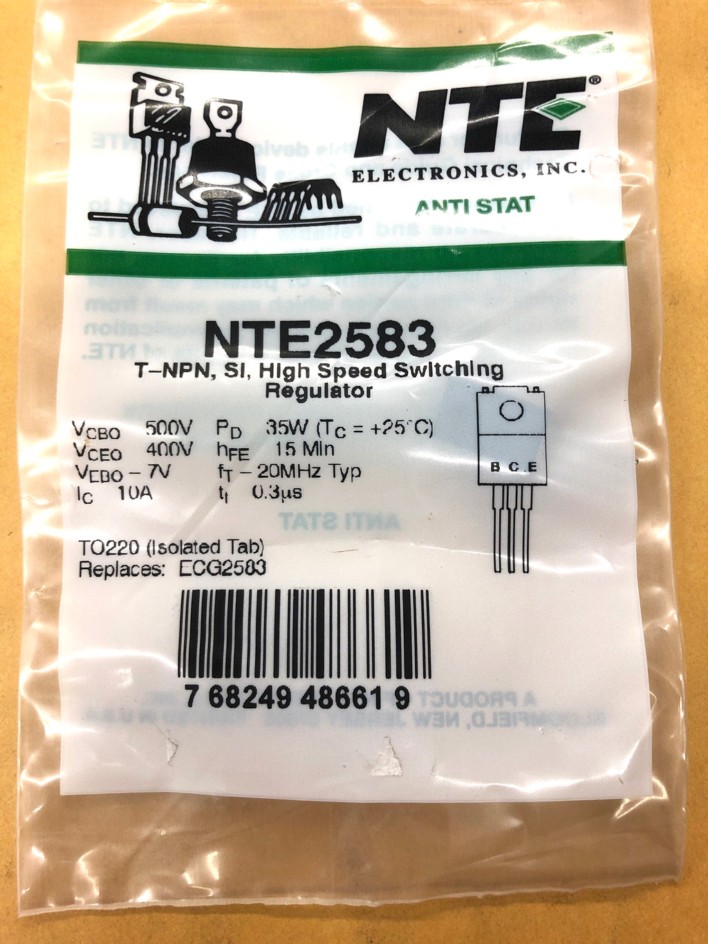 NTE2583, 10A @ 500V NPN Silicon Transistor Switch ~ TO-220 Full Pack ...