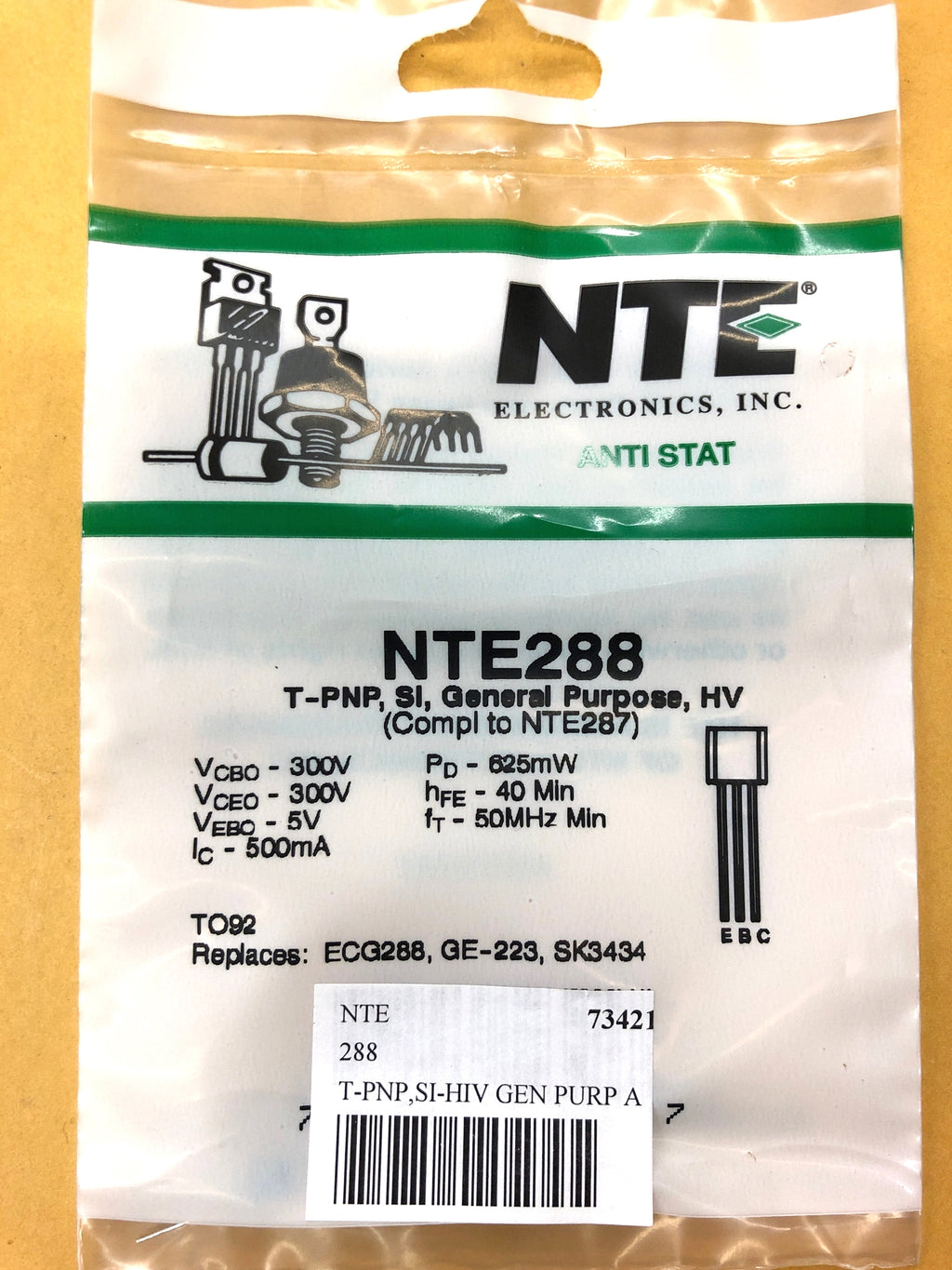 NTE288, 500mA @ 300V PNP Silicon Transistor High Voltage Amp ~ TO-92 ...