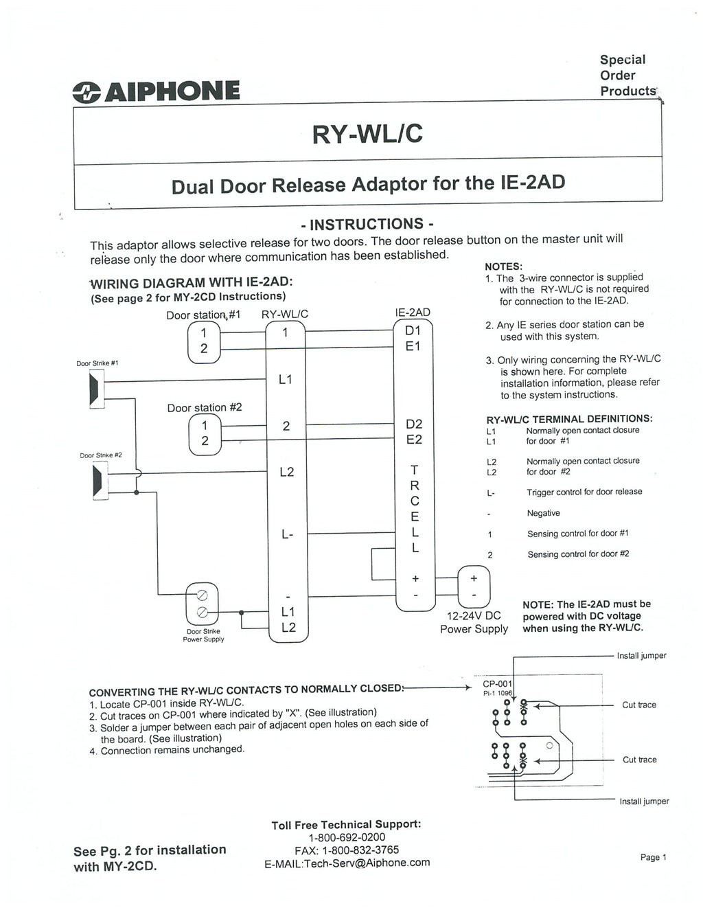 RY-WL/C, Aiphone Dual Door Release Adaptor for the IE-2AD & MY-2CD (DI ...
