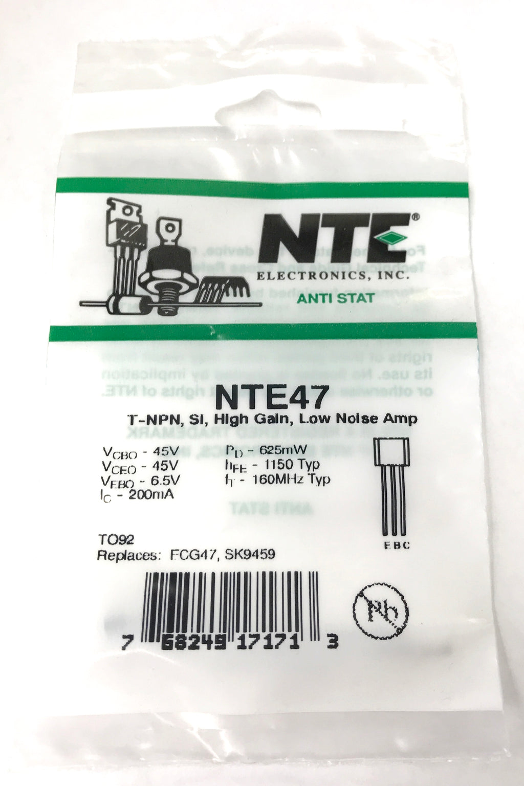 NTE47, 200mA @ 45V NPN Silicon Transistor High Gain Low Noise Amp TO-9 ...