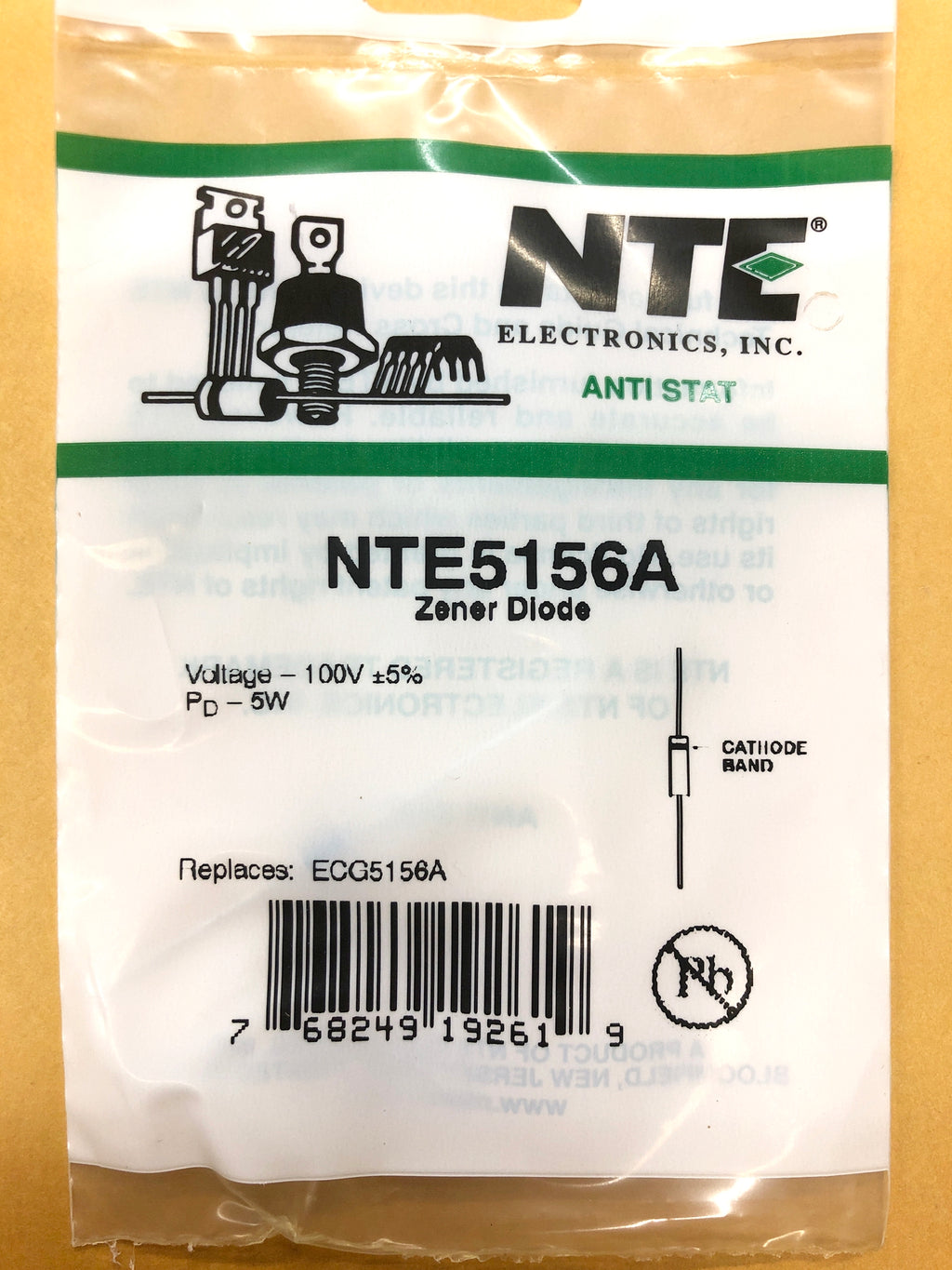 NTE5156A, 100V @ 5W Zener Diode 5% ~ DO-201 Axial (ECG5156A) – MarVac ...