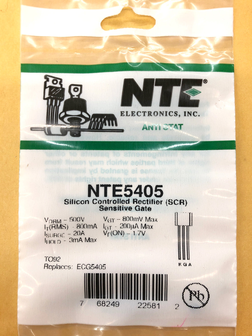 NTE5405, 400V @ 0.8A Silicon Controlled Rectifier SCR ~ TO-92 (ECG5405 ...