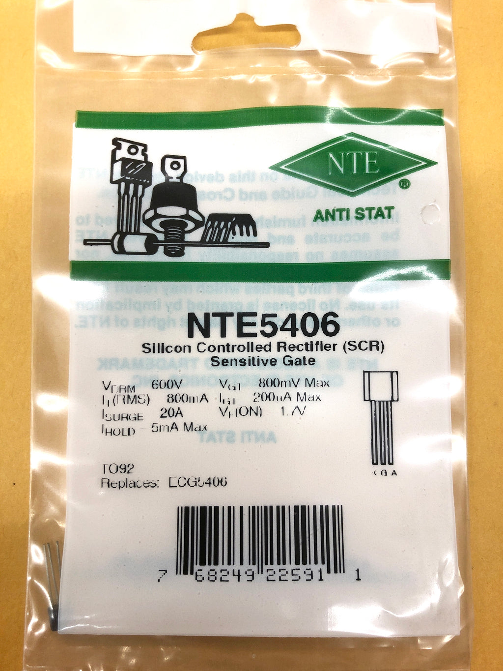 NTE5406, 600V @ 0.8A Silicon Controlled Rectifier SCR ~ TO-92 (ECG5406 ...