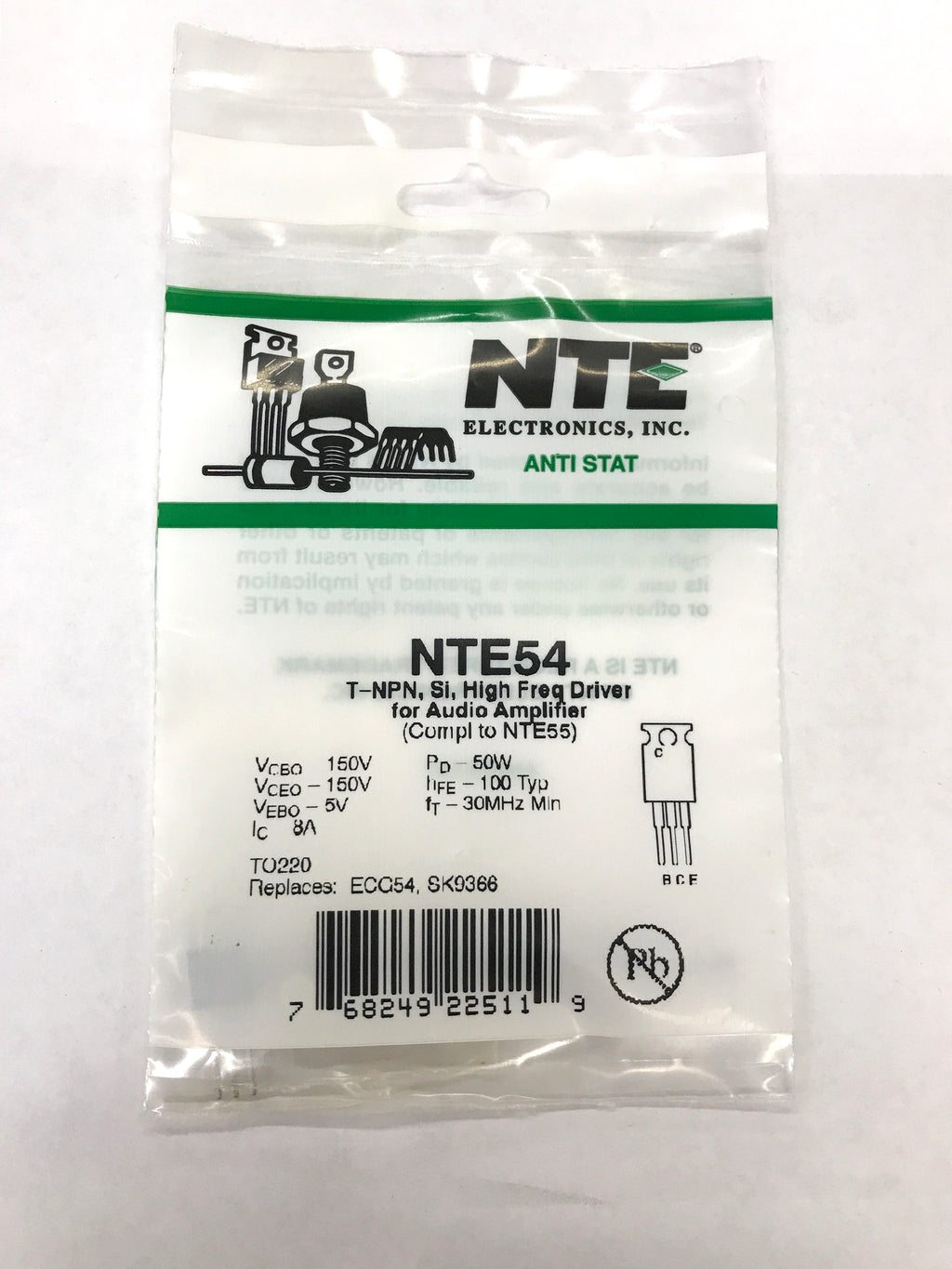NTE54, NPN Silicon Transistor 8A @ 150V HF Driver & Audio Amp ~ TO-220 ...