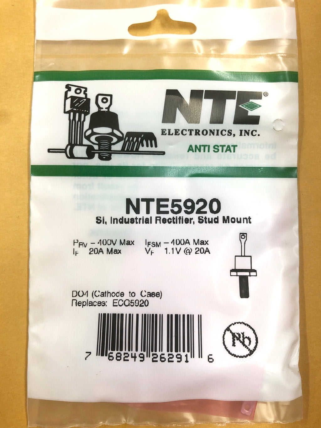 NTE5920, 400V PRV @ 20A General Purpose Diode ~ DO-4 Stud Case (ECG592 ...