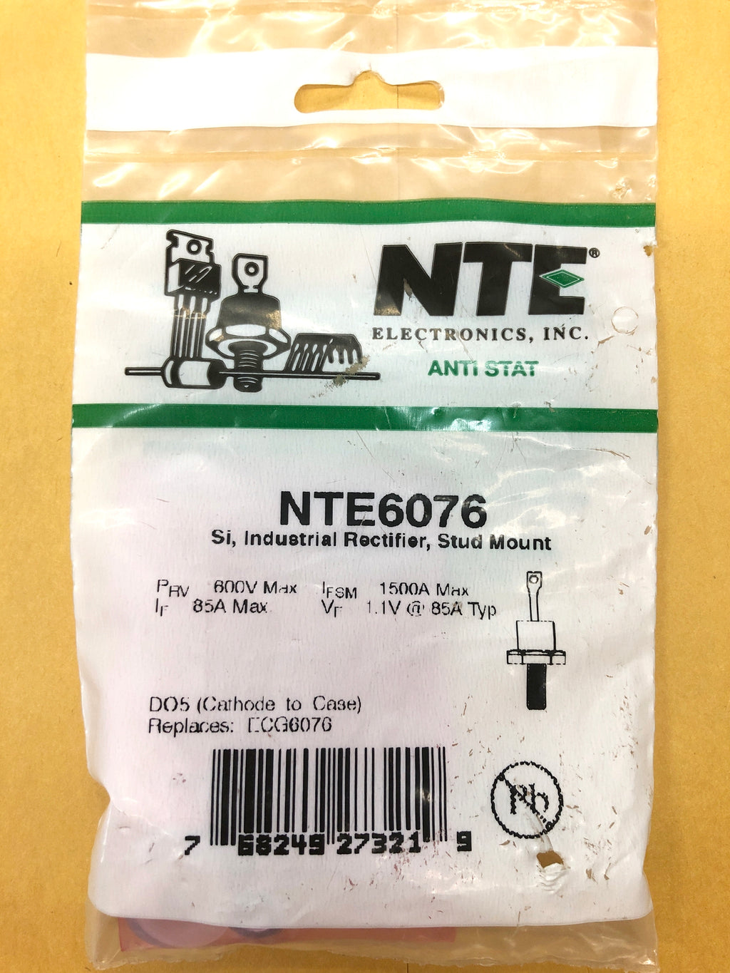 NTE6076, 600V PRV @ 85A Industrial Rectifier Diode ~ DO-5 Stud Case (E ...